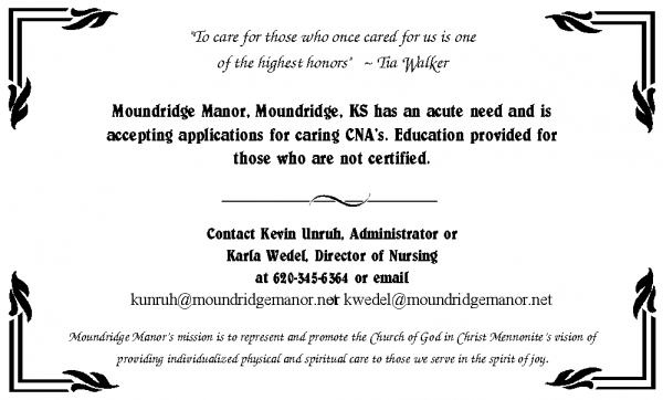 CNA Ad - Moundridge Manor, Inc.